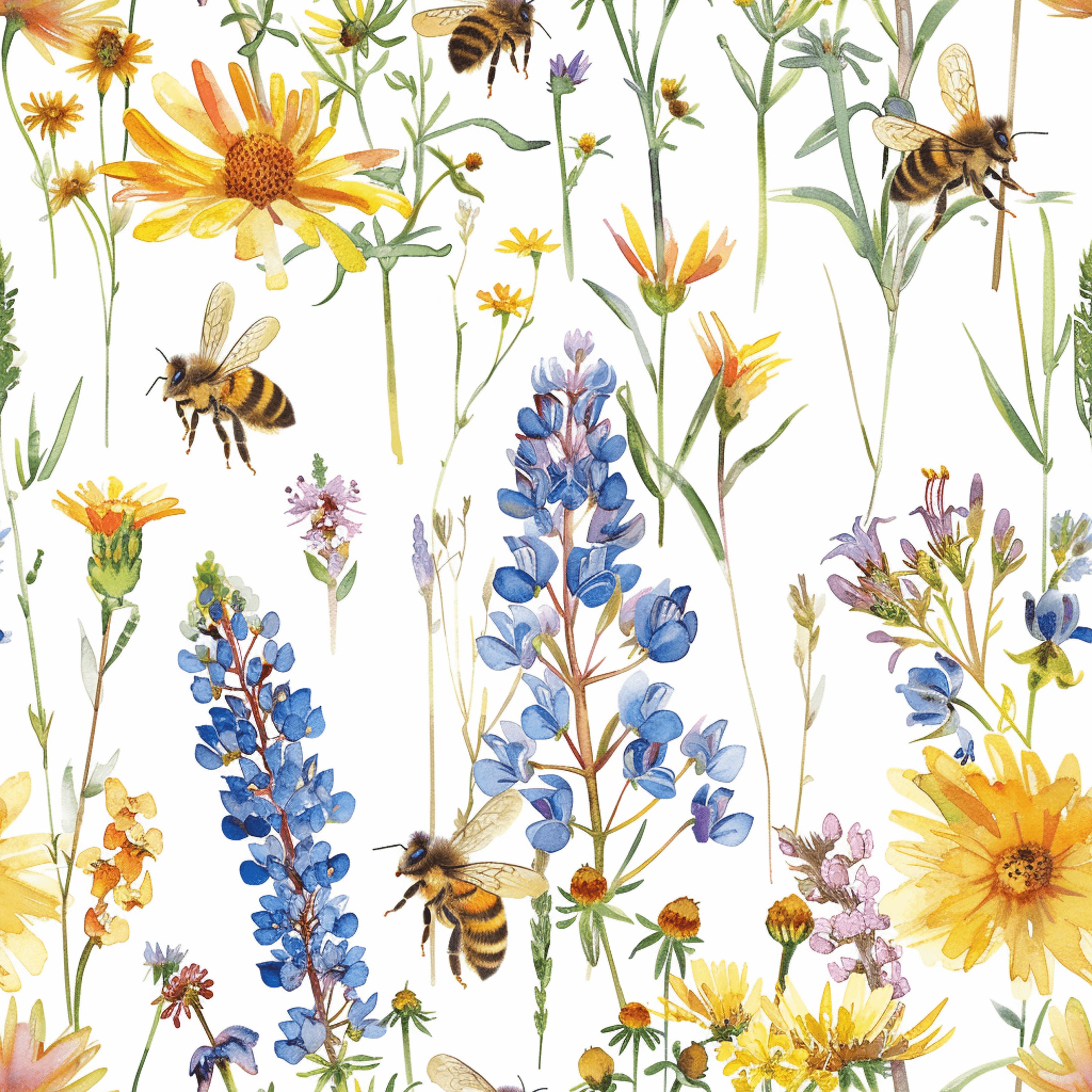 Seamless Nature Patterns, Translucent Watercolor, Honeybees and ...