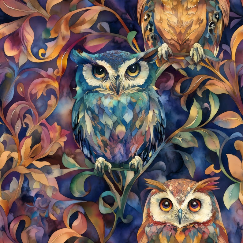 Nature Patterns, Wild Birds, Owls, Digital Paper Translucent Watercolor ...
