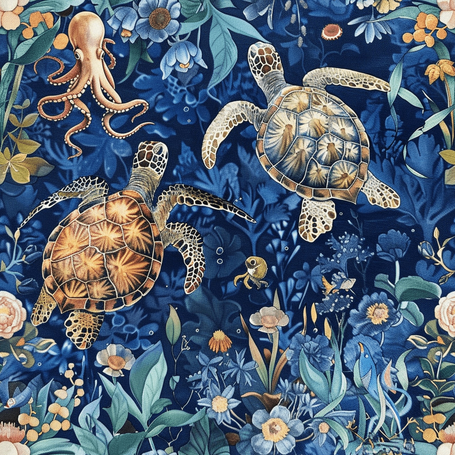 Sea Turtles, Octopus, William Morris Inspired- SEAMLESS - Watercolor ...