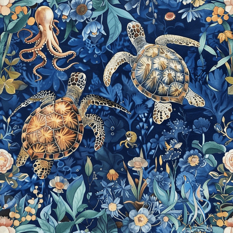 Sea Turtles, Octopus, William Morris Inspired- SEAMLESS - Watercolor ...