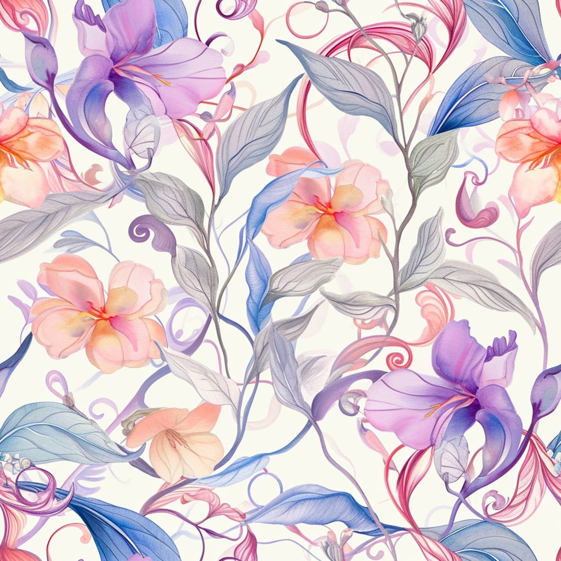 Digital Paper Translucent Watercolor - SEAMLESS - Art Nouveau Botanical ...