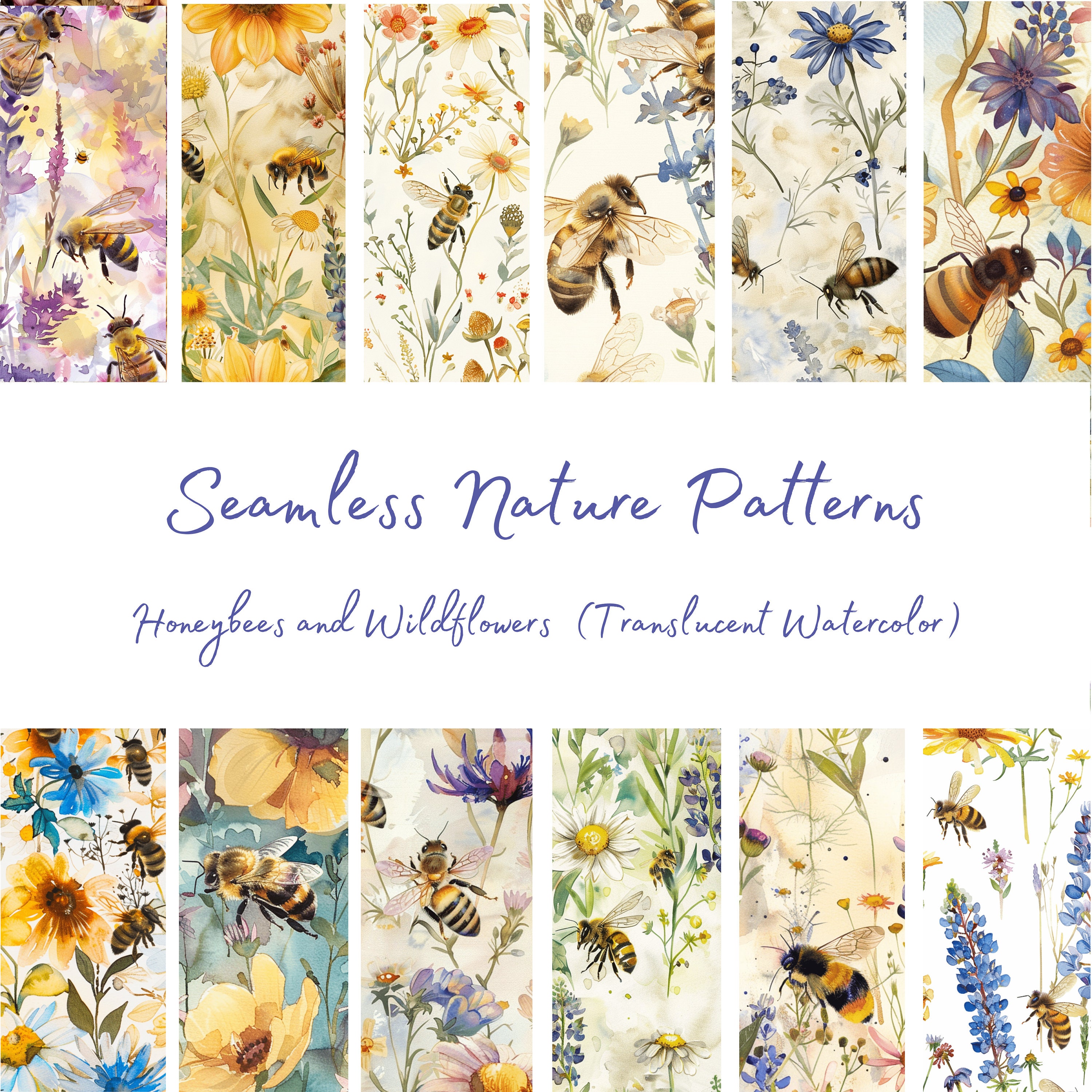 Seamless Nature Patterns, Translucent Watercolor, Honeybees and ...