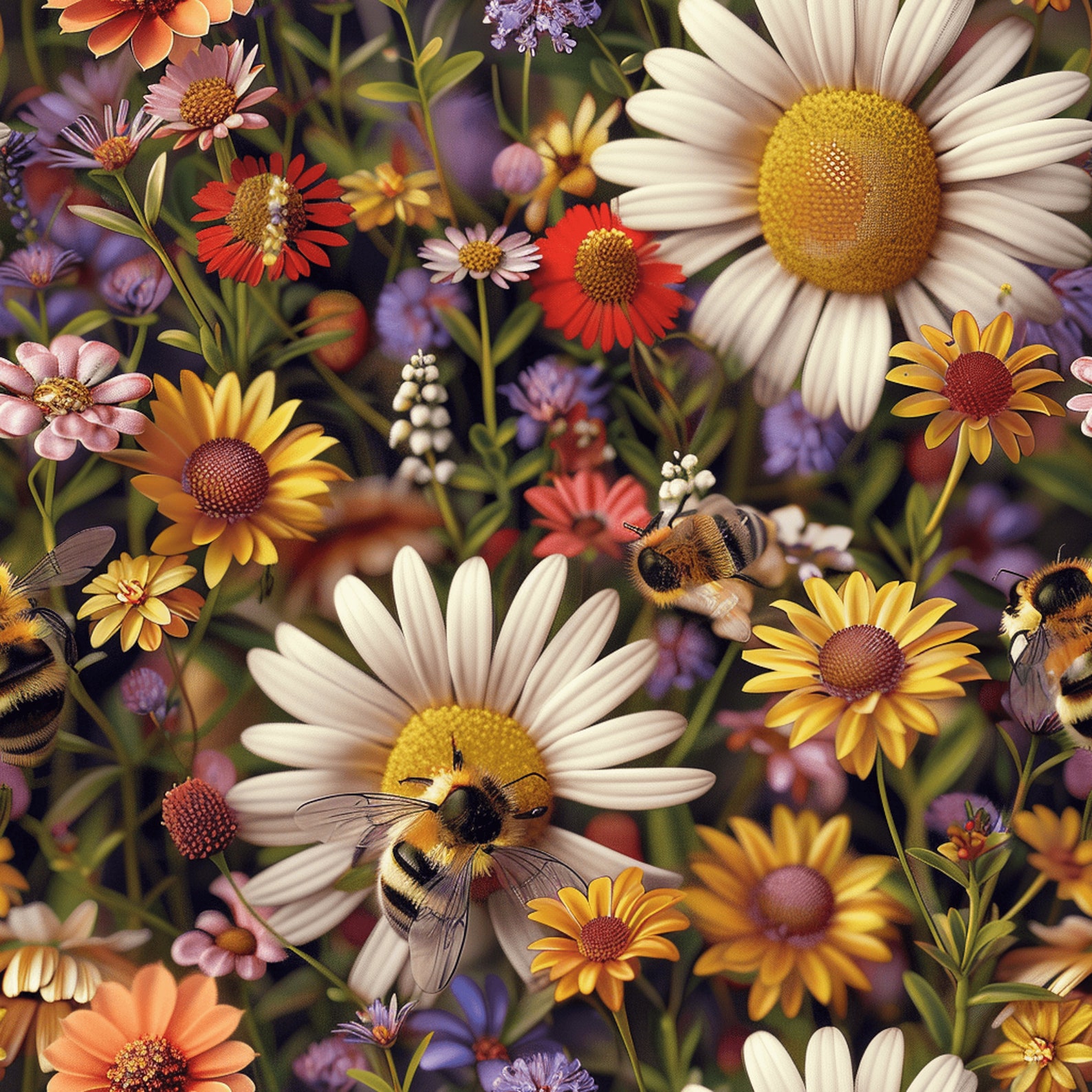 Honeybee Wildflower Seamless Pattern, Photorealistic Digital Paper ...
