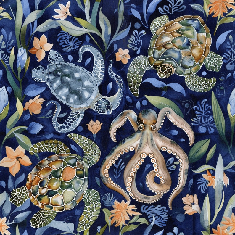 Sea Turtles, Octopus, William Morris Inspired- SEAMLESS - Watercolor ...