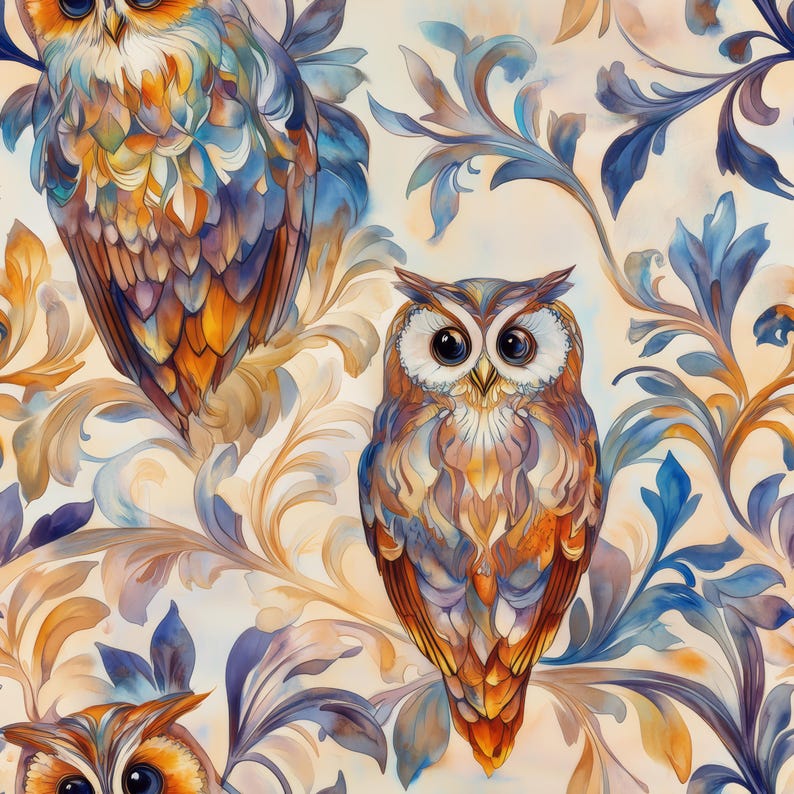 Nature Patterns, Wild Birds, Owls, Digital Paper Translucent Watercolor ...