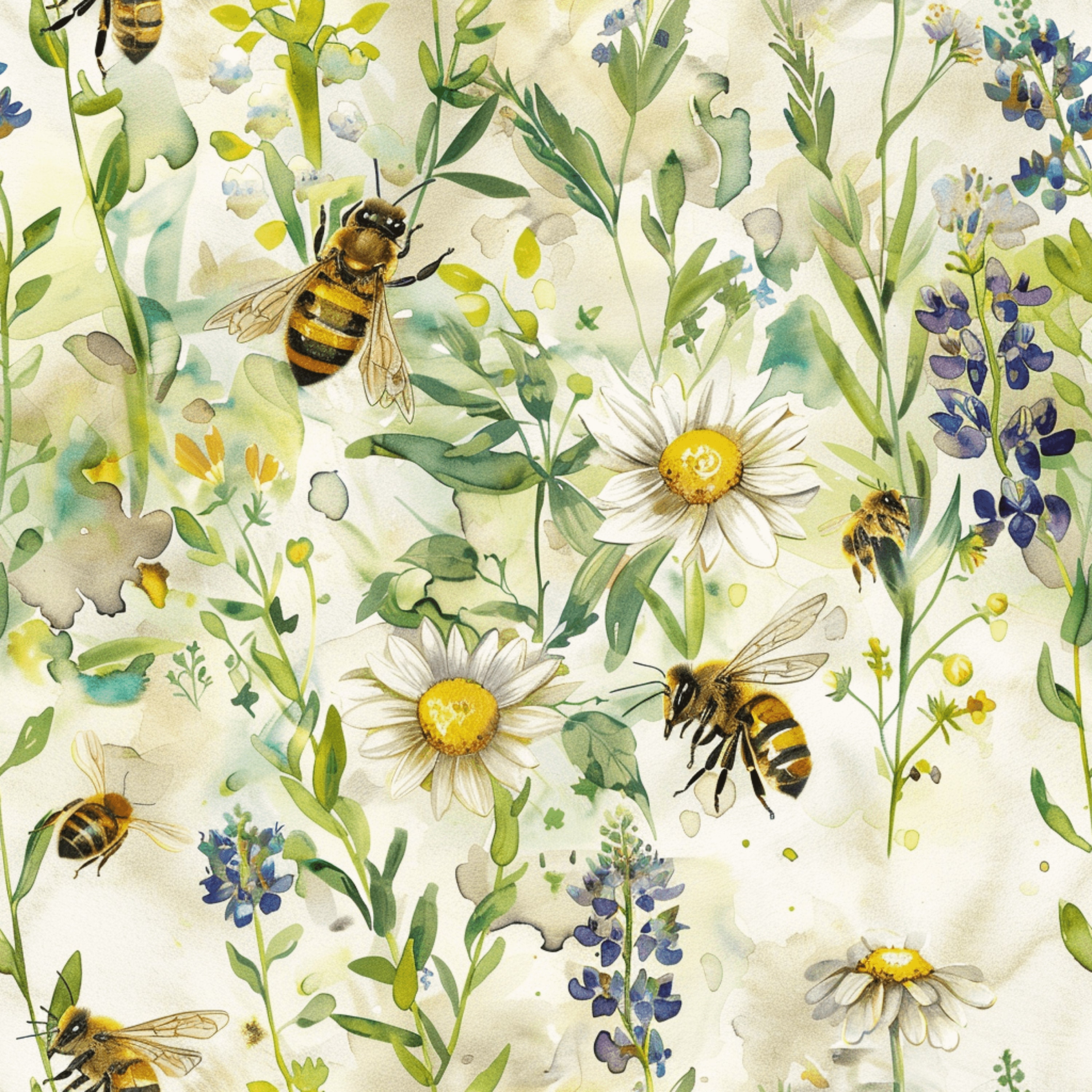 Seamless Nature Patterns, Translucent Watercolor, Honeybees and ...