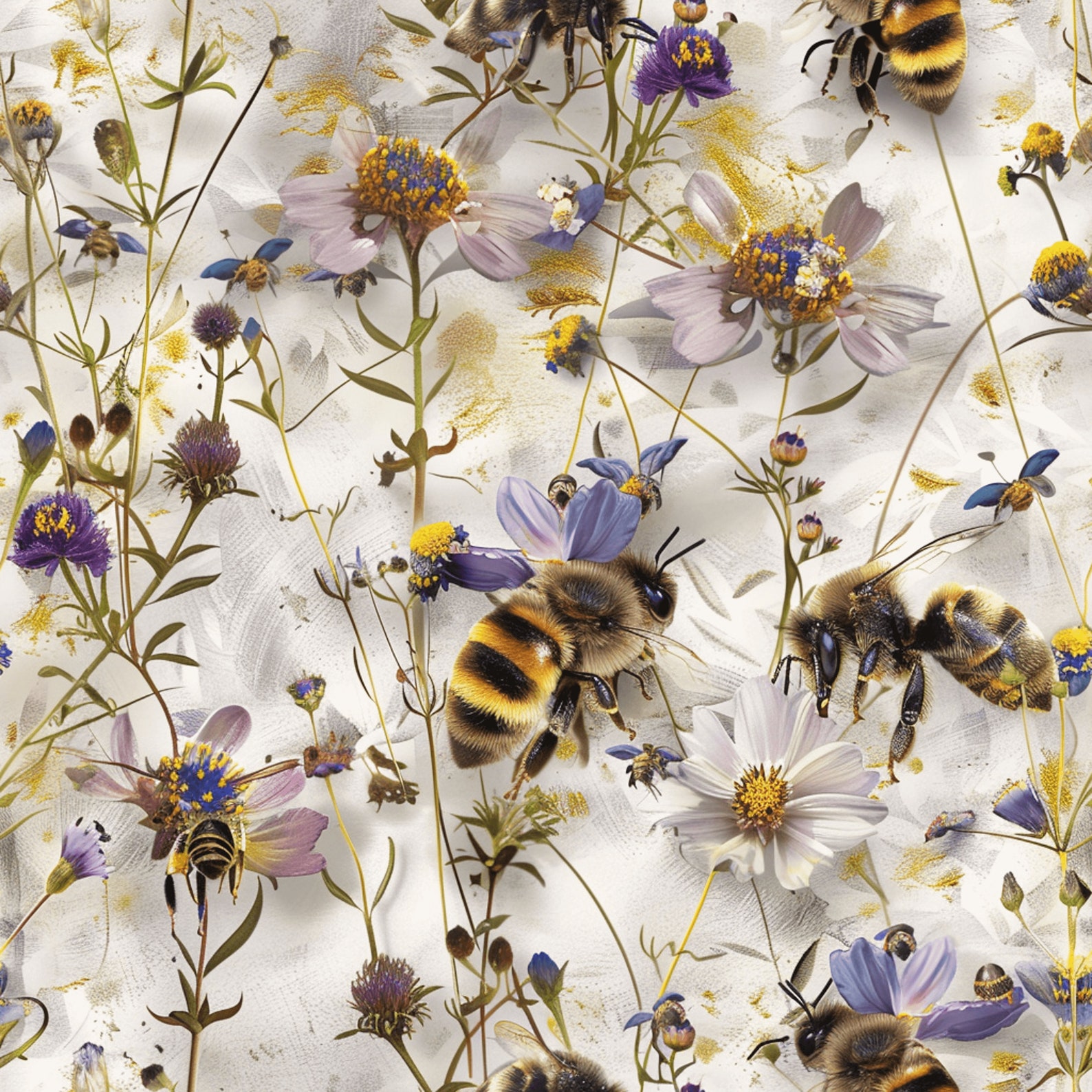 Honeybee Wildflower Seamless Pattern, Photorealistic Digital Paper ...