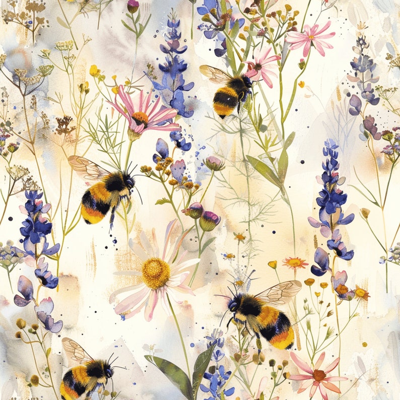 Seamless Nature Patterns, Translucent Watercolor, Honeybees and ...