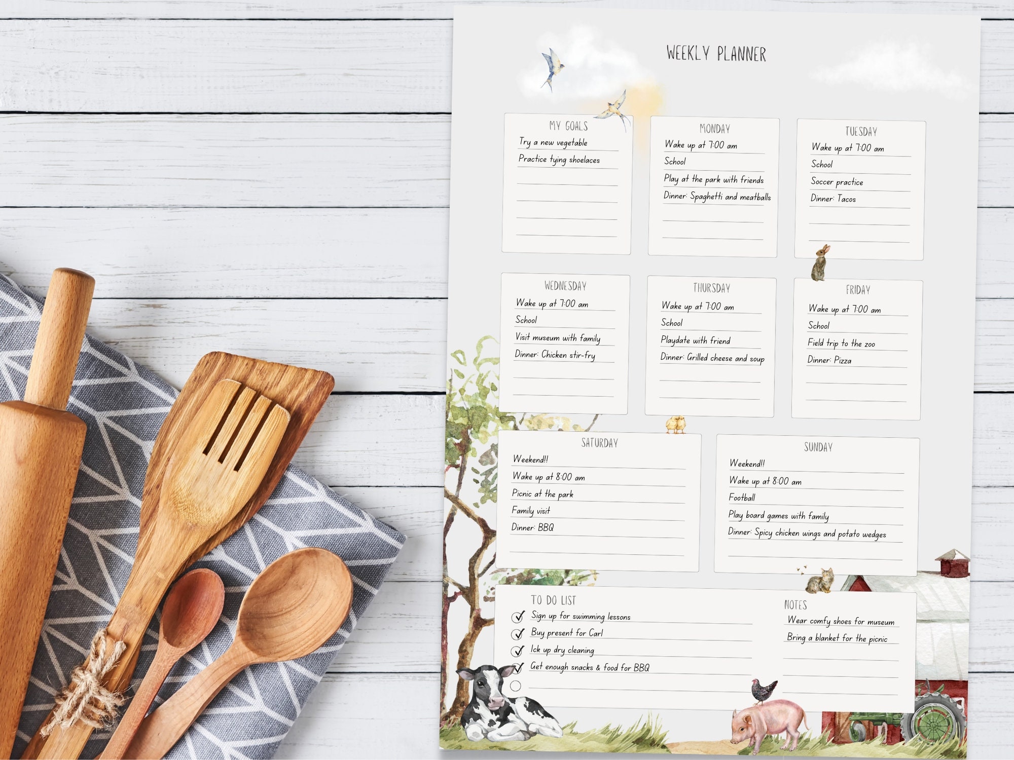 Farm Animals Weekly Planner for Kids | Cute Children's Animal Calendar ...