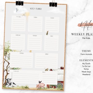 Farm Animals Weekly Planner for Kids | Cute Children's Animal Calendar ...