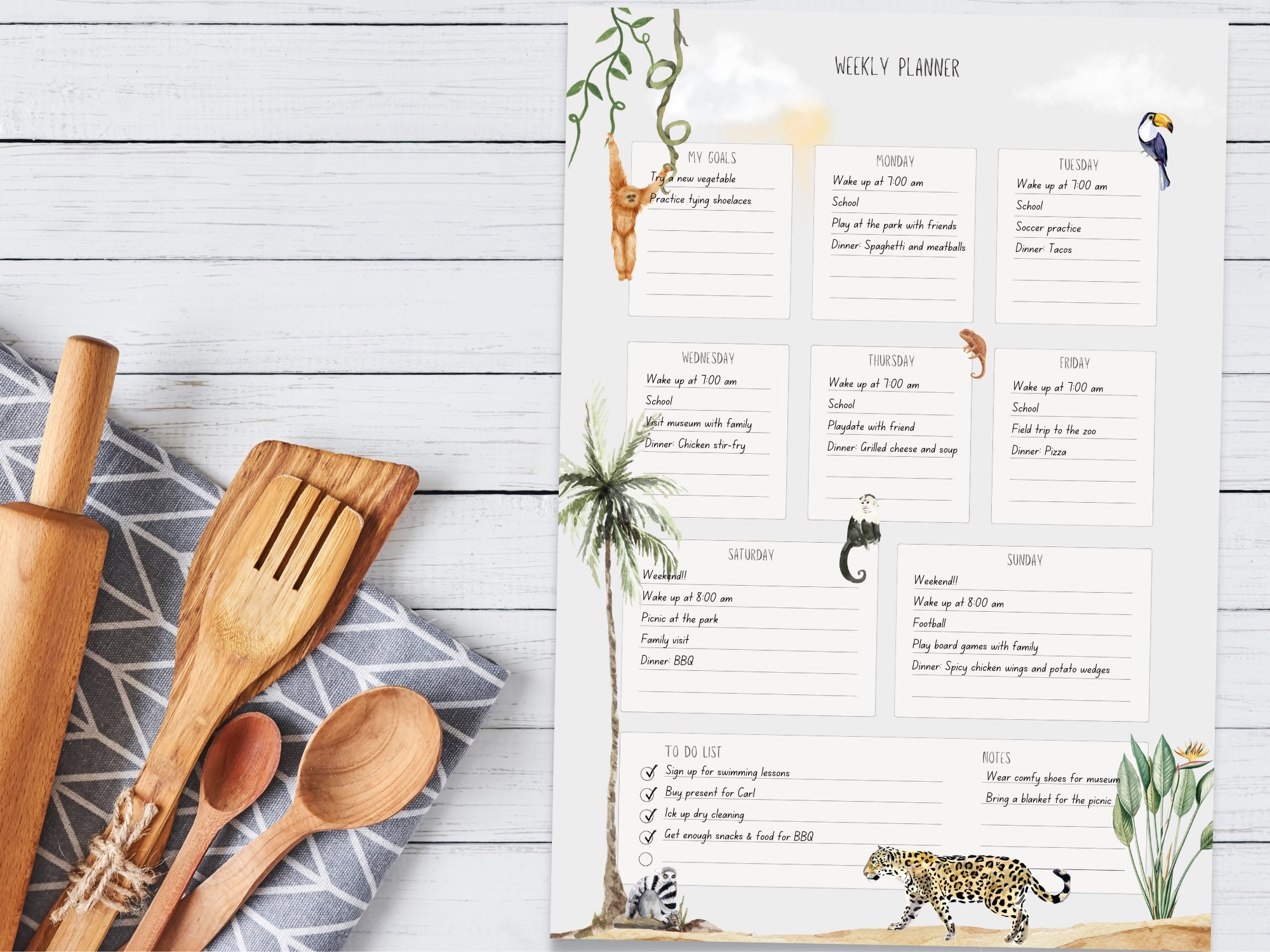 Jungle Animals Weekly Planner for Kids | Cute Children's Animal ...