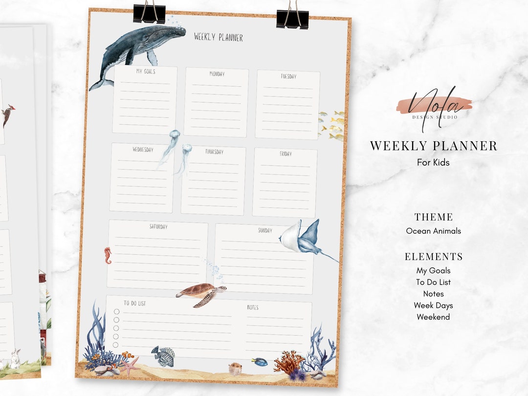 Ocean Animals Weekly Planner for Kids | Cute Children's Animal Calendar ...