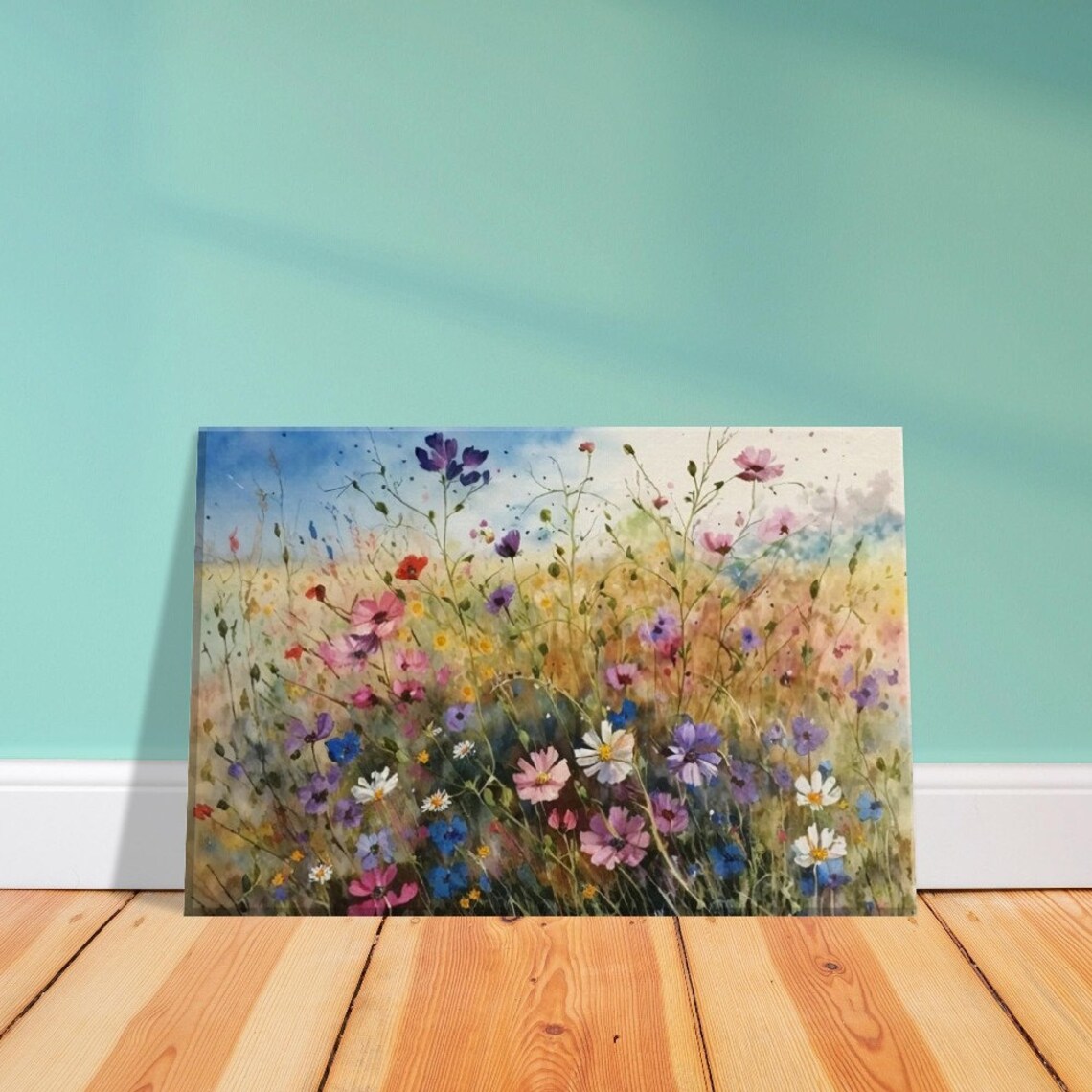 Wandbild Blumenwiese in Wasserfarben-Optik Leinwand Bild Kornblumen Deko Kunstdruck Aquarell mit ...
