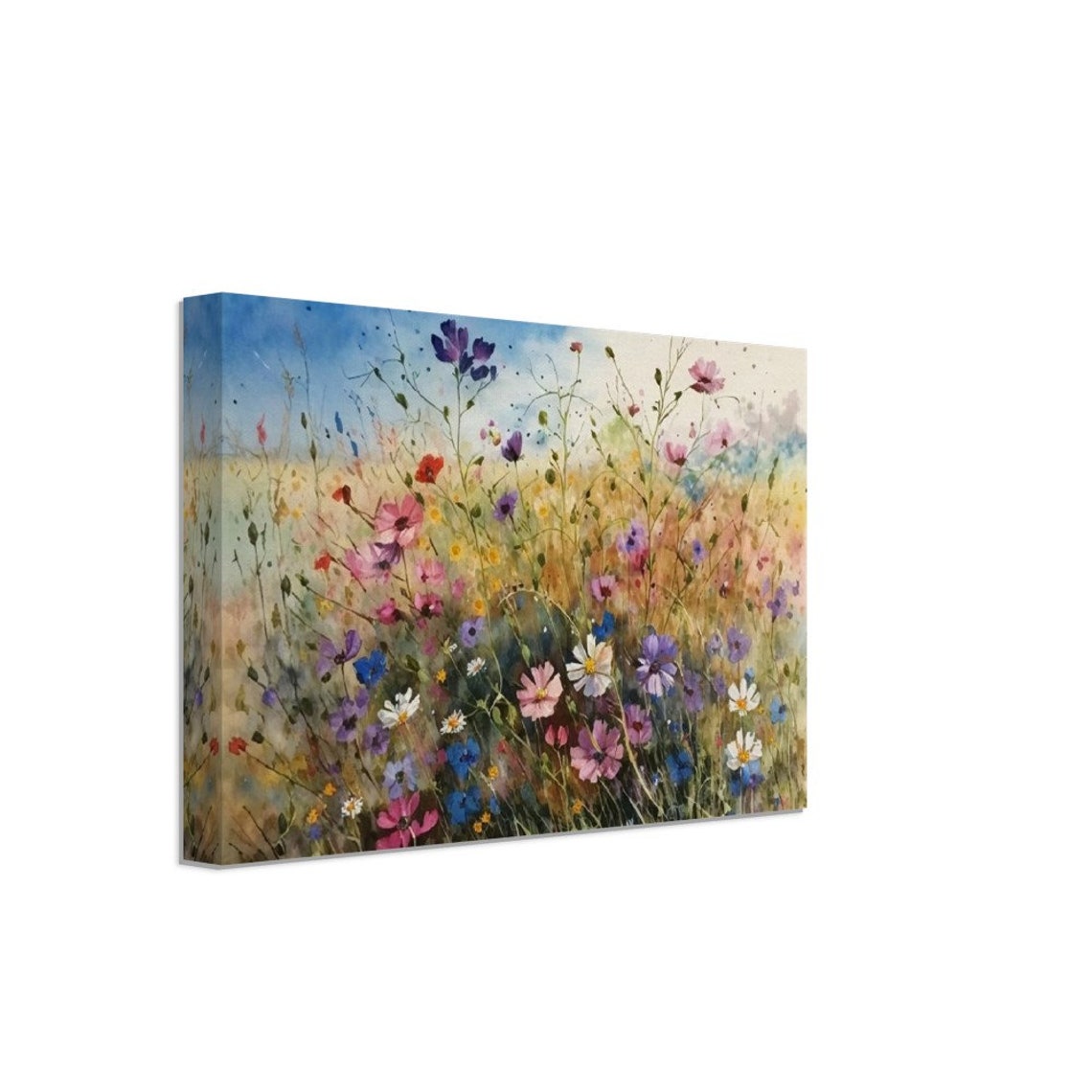 Wandbild Blumenwiese in Wasserfarben-Optik Leinwand Bild Kornblumen Deko Kunstdruck Aquarell mit ...