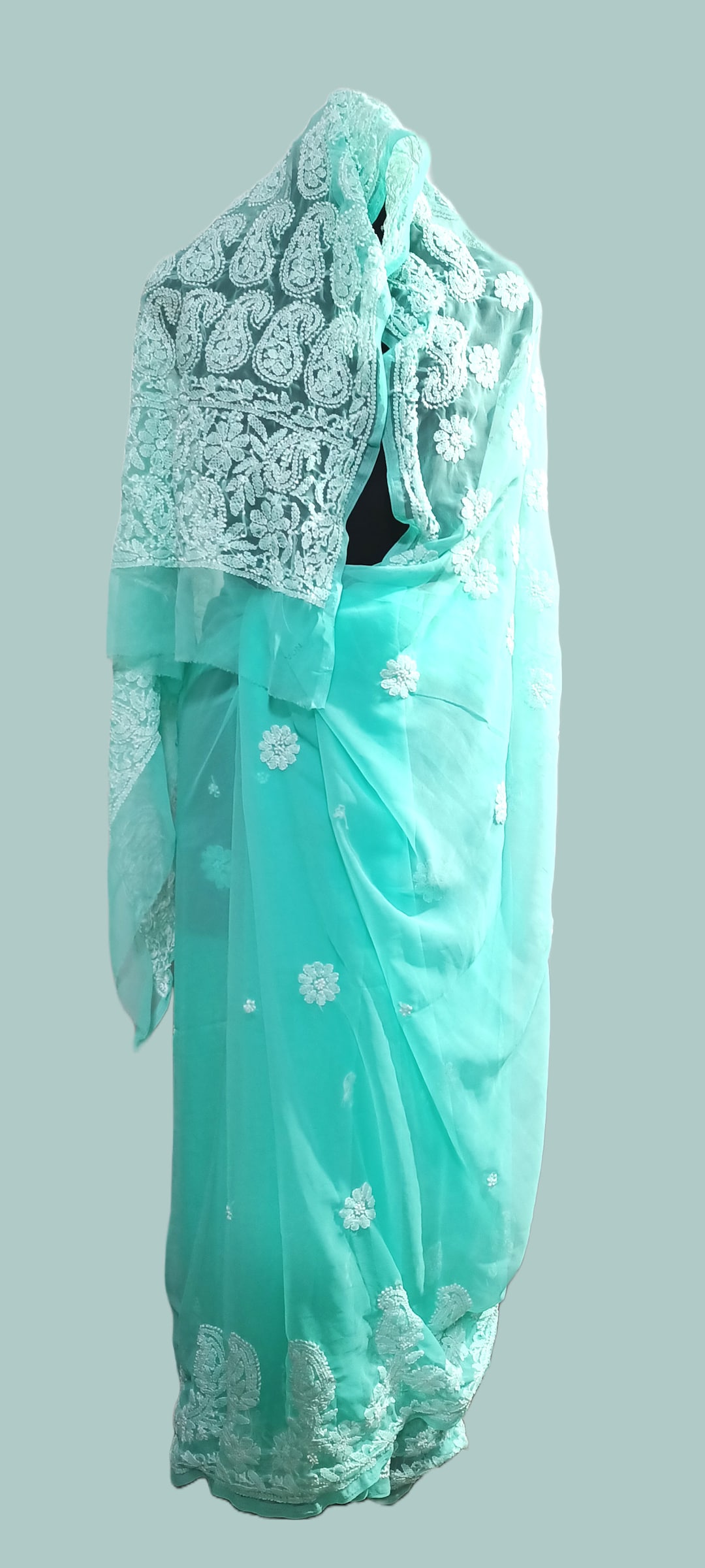 Firozi Blue Saree for Women, Hand Embroidered Women's Faux Georgette ...