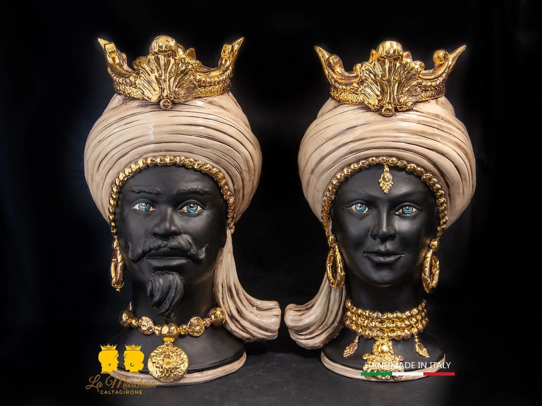 Pair of Moor's Heads Caltagirone Ceramics, Gold Smoked Turban Design ...