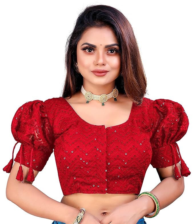 Beautiful Red Georgette Mirror and Thread Work Blouse in Round Neck ...