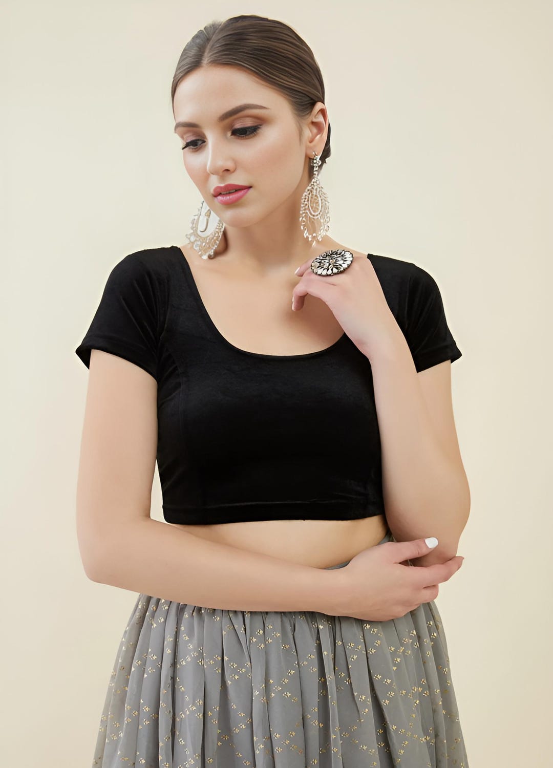 Made to Order Indian Black Velvet Saree Lehenga Blouse, Short Sleeve ...