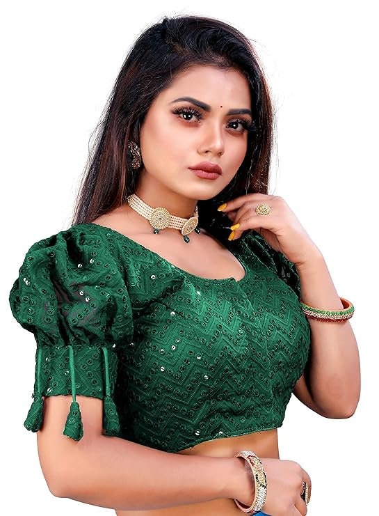 Beautiful Red Georgette Mirror and Thread Work Blouse in Round Neck ...