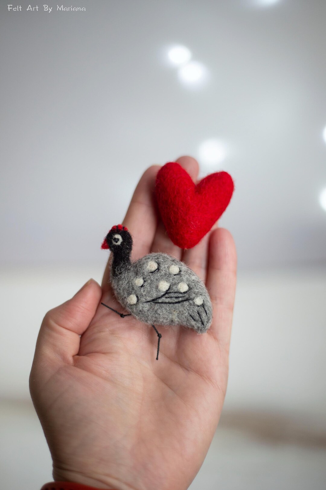 Needle Felted Brooch Set Guinea Fowl and Red Heart: Handmade Wool Bird ...
