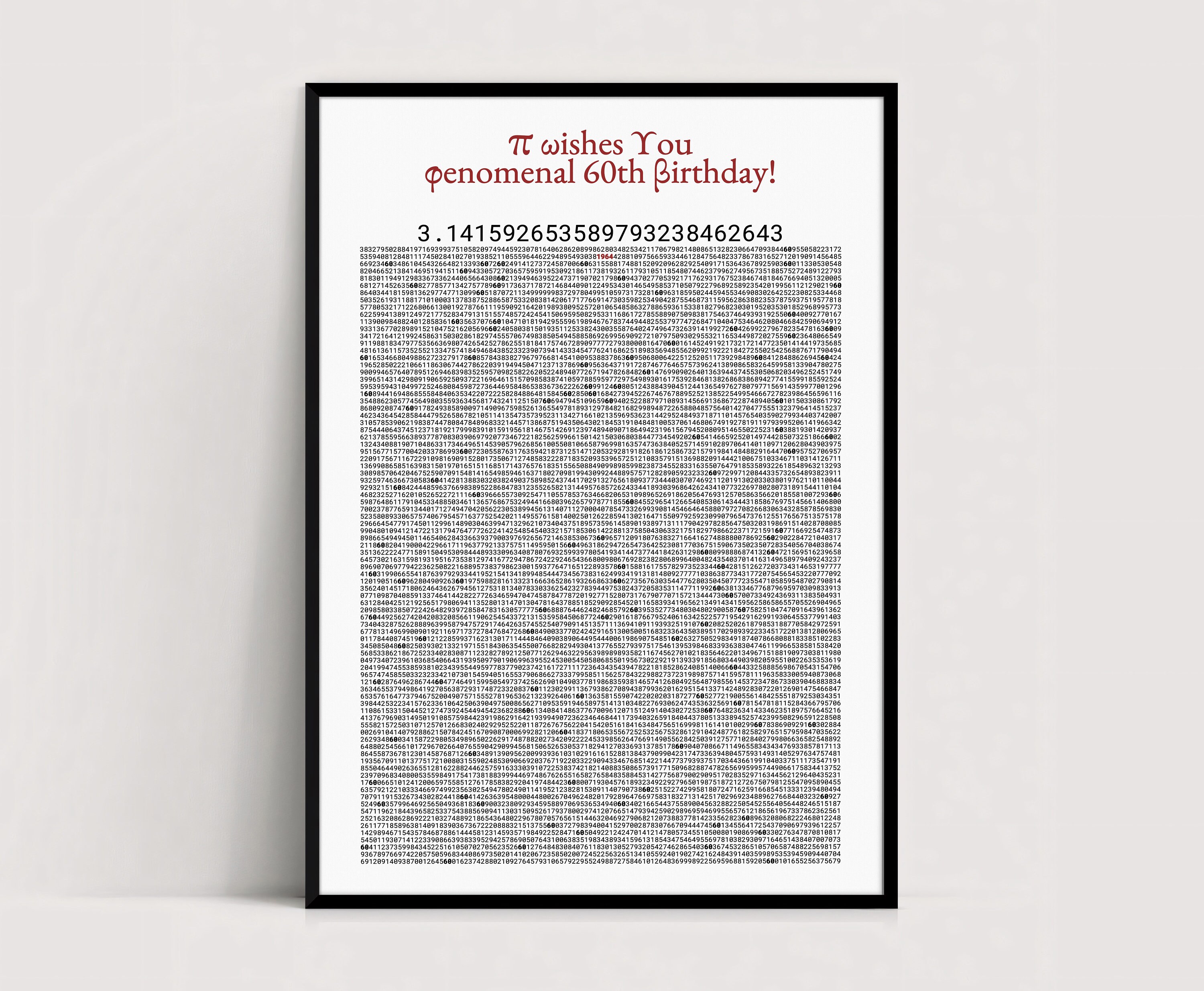 60th Birthday Party Gift Math Card With Pi Number Ten Thousand Digits ...