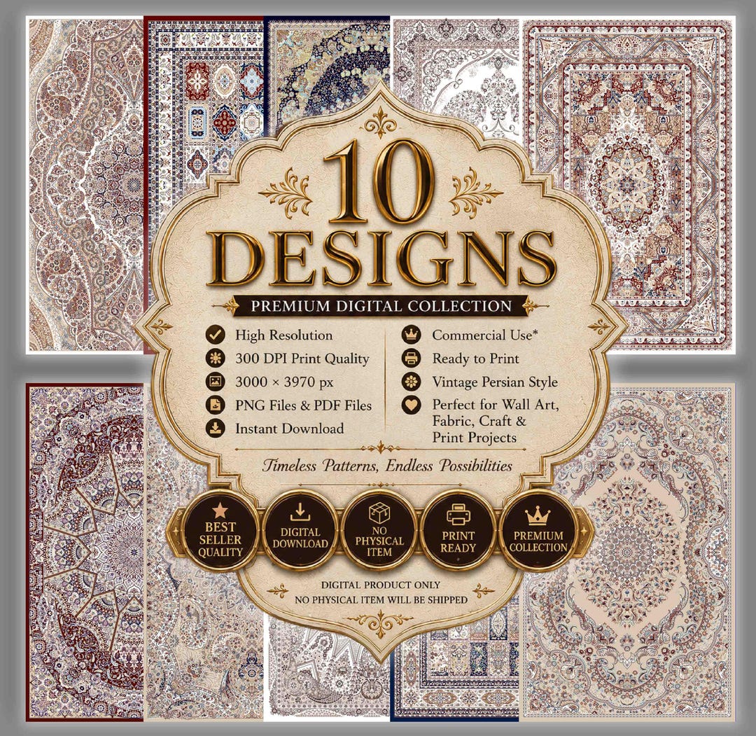 10 Vintage Persian Rug Patterns | Oriental Wall Art Printable Bundle ...