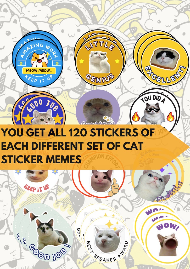 120 Stickers Cat Memes, Reward Stickers for School Sheet Printable PDF ...