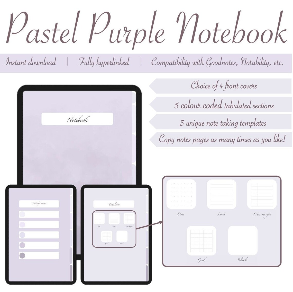 5 Section Digital Pastel Purple Notebook, Goodnotes Notebook ...