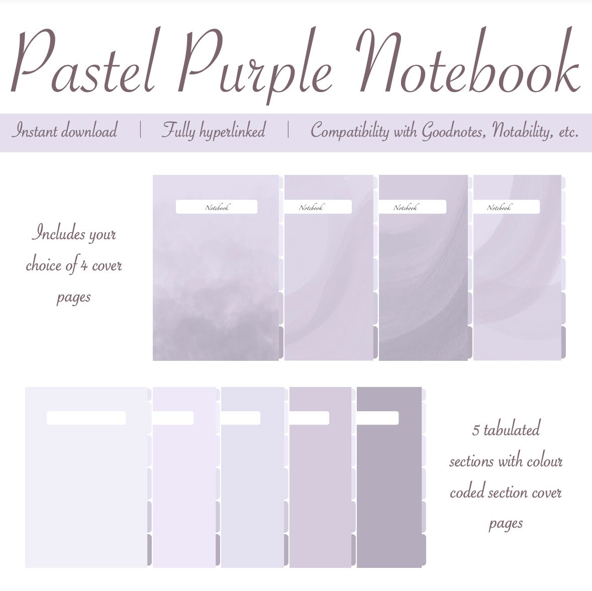 5 Section Digital Pastel Purple Notebook, Goodnotes Notebook ...