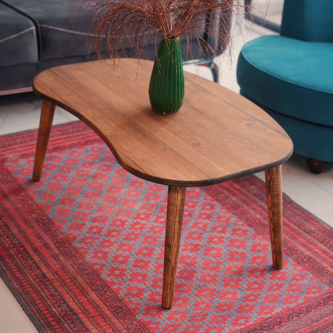 Asymmetrical Coffee Table, Mcm Solid Wood Tea Table, Walnut Color Mid ...