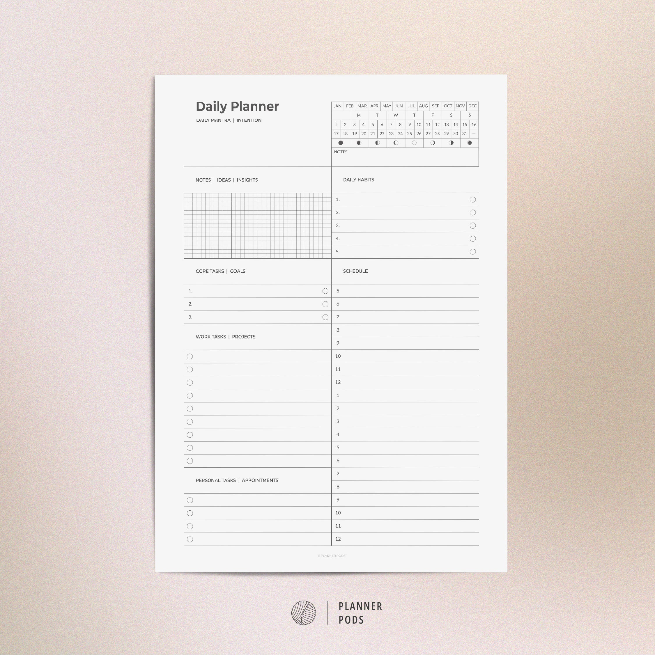 Daily Planner Printable, Moon Phase Tracker, Daily Habit Tracker, Task ...