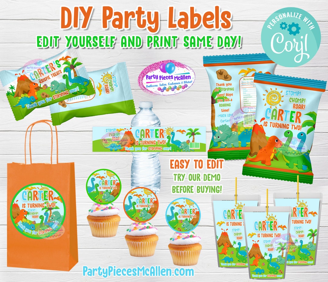 Dinosaur Editable Party Package, Dinosaur Chip Labels, Dinosaur Water ...