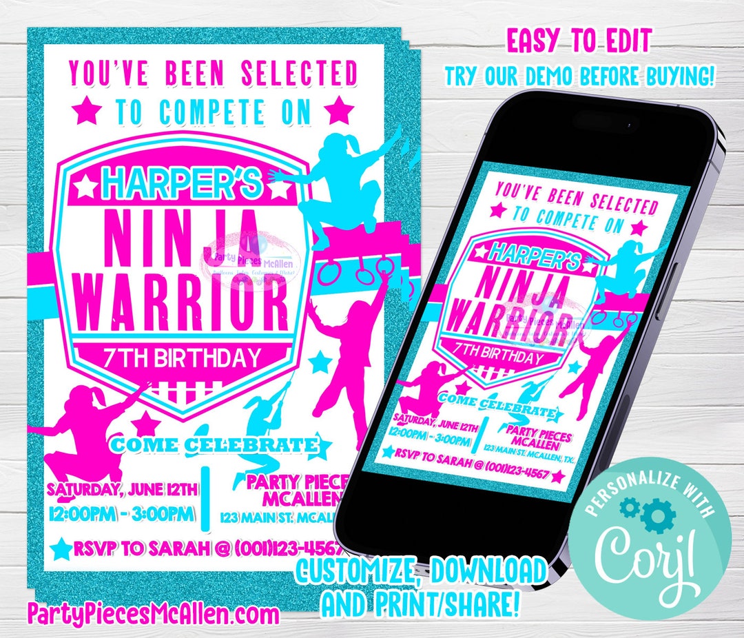 Editable Ninja Warrior Pink Invitation, Ninja Warrior Birthday Party ...