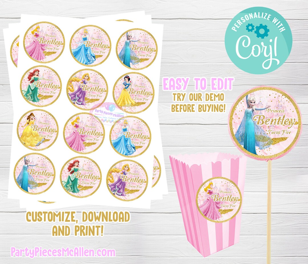Princess Editable Round Labels, Princess Digital Files, Princess Labels ...