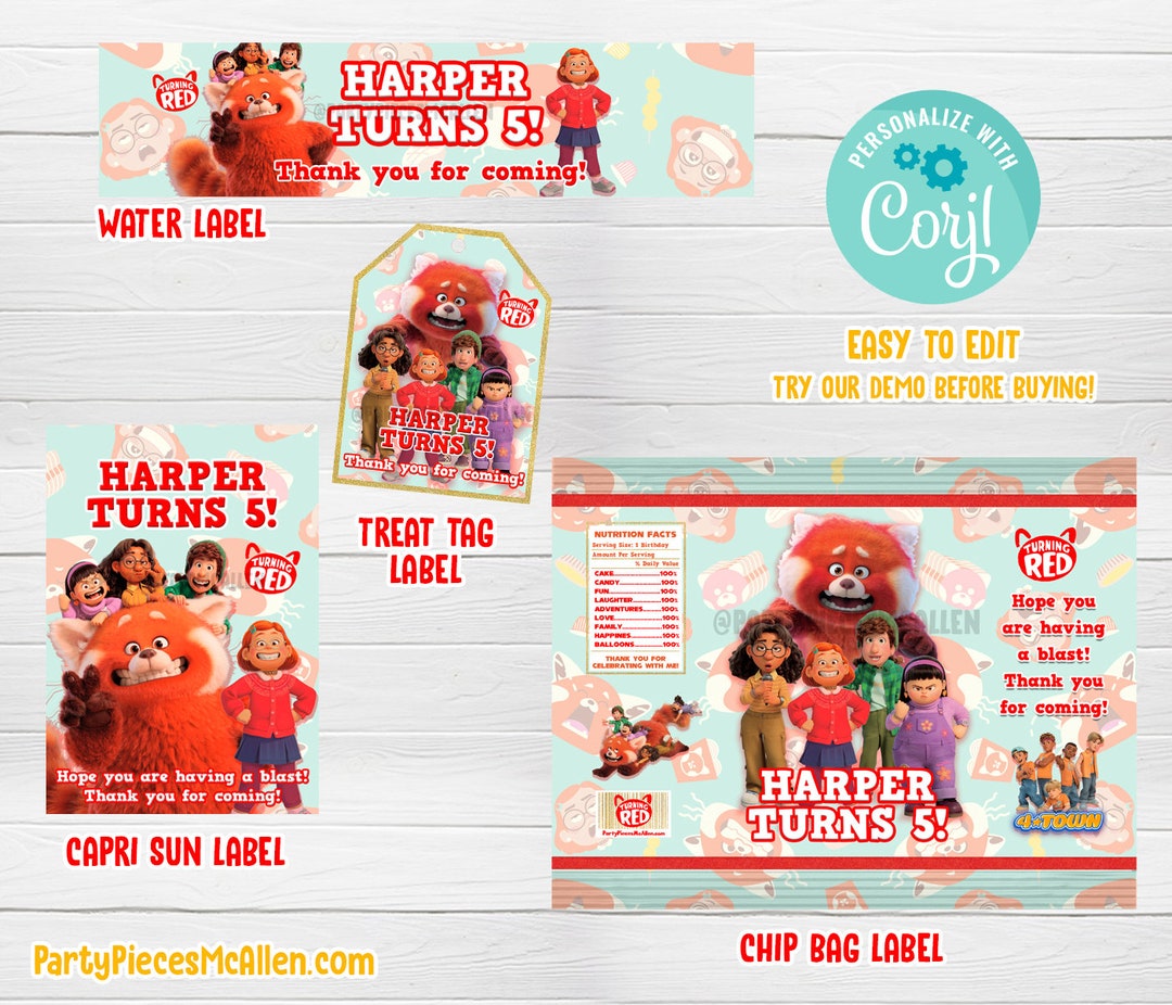 Turning Red Editable Party Package, Turning Red Chip Labels, Red Water ...