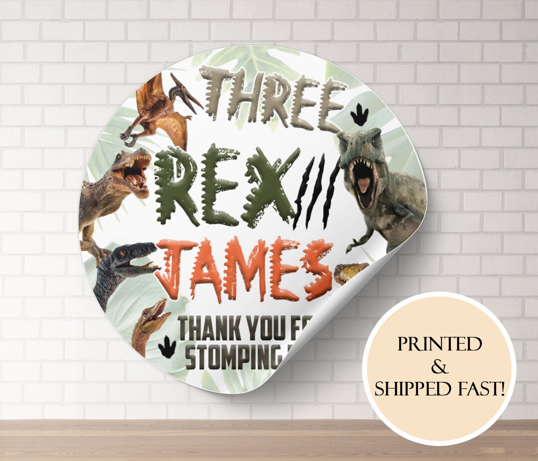 Three Rex Stickers Round Labels, Dinosaur Party Supplies, Dinosaur ...