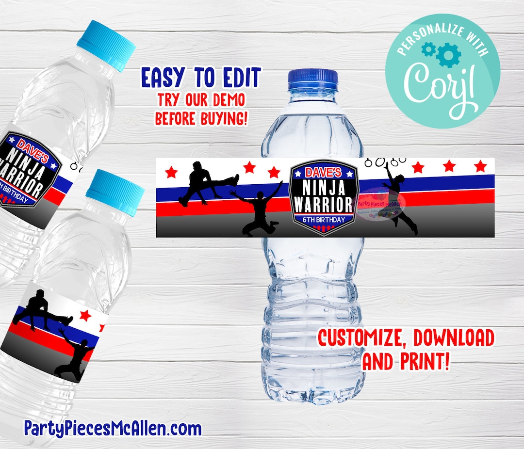Ninja Warrior Editable Water Label, Ninja Party Digital Files, Ninja ...