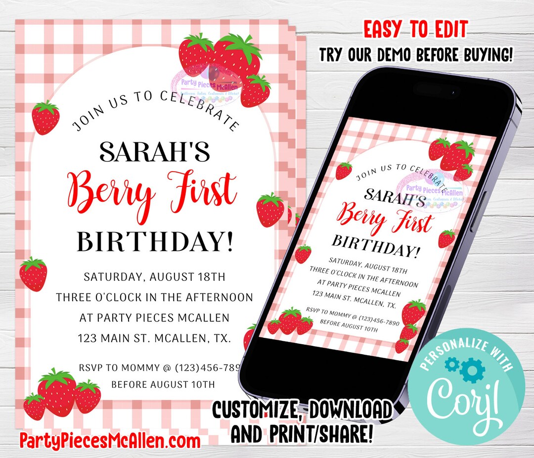 Editable Berry First Birthday Invitation, Berry First Birthday ...