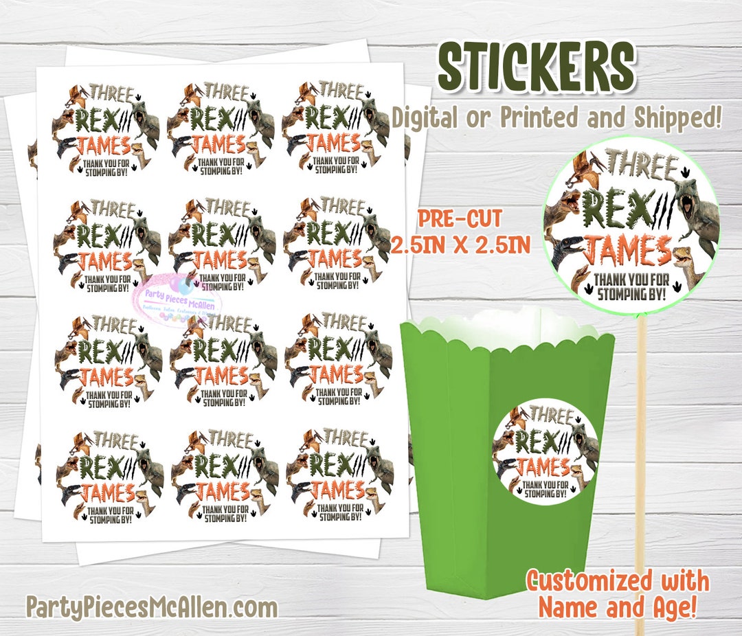 Three Rex Stickers Round Labels, Dinosaur Party Supplies, Dinosaur ...