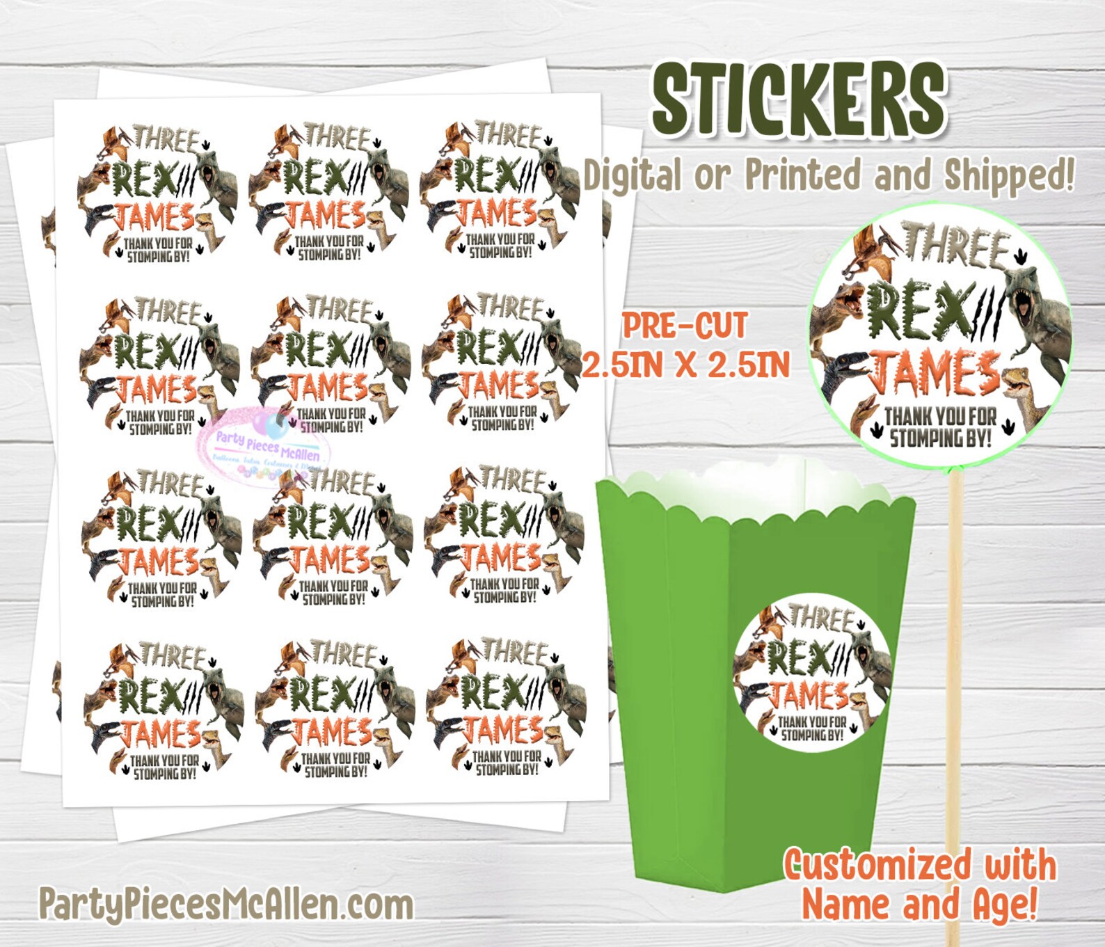 Three Rex Stickers Round Labels, Dinosaur Party Supplies, Dinosaur ...