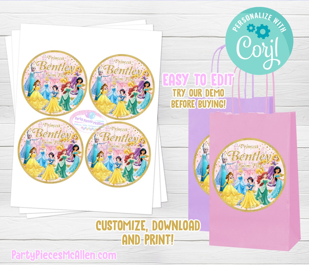 Princess Editable Round Labels, Princess Digital Files, Princess Labels ...