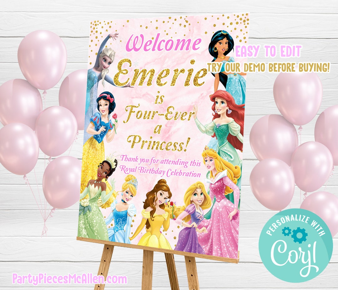Editable Princess Welcome Sign, Princess Birthday Party, Princess ...