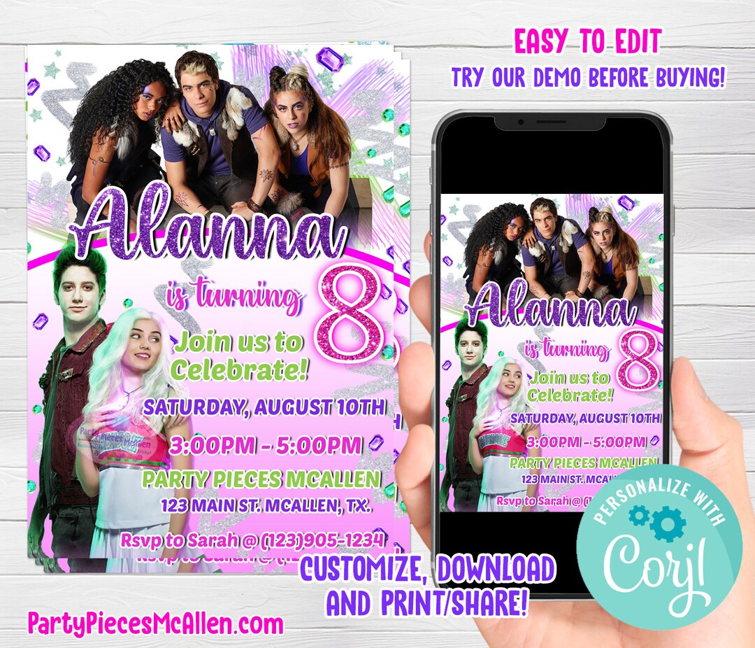 Editable Zombies 2 Invitation, Zombies 2 Birthday Party, Zombies 2 ...