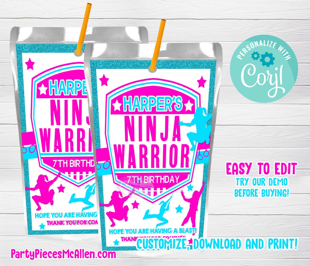 Ninja Warrior Editable Capri Sun Labels, Ninja Warrior Pink Digital ...