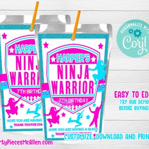 Ninja Warrior Editable Capri Sun Labels, Ninja Warrior Pink Digital ...