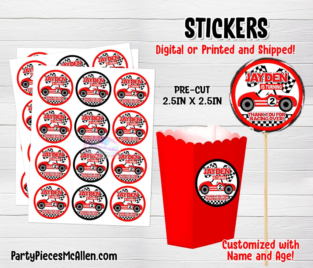 Racecar Party Round Labels, Red Racer Party Supplies, Racer Party ...
