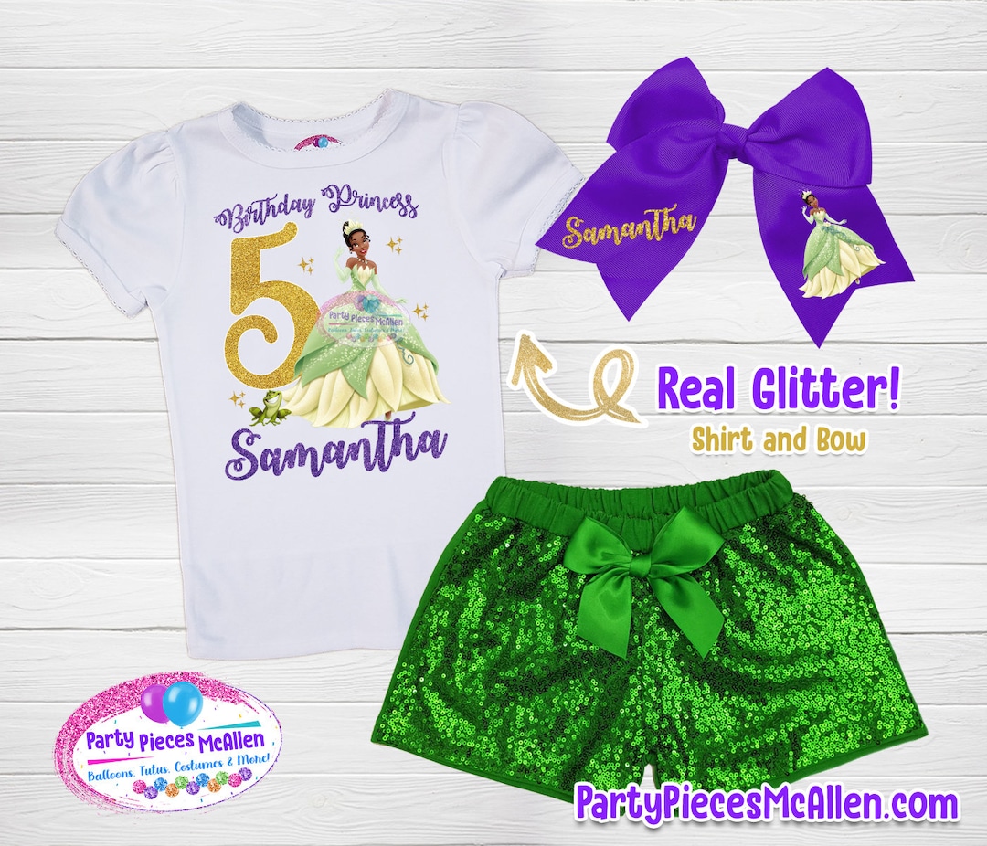 Princess Tiana Glittery Vinyl Sequin Short Birthday Outfit, Princess ...
