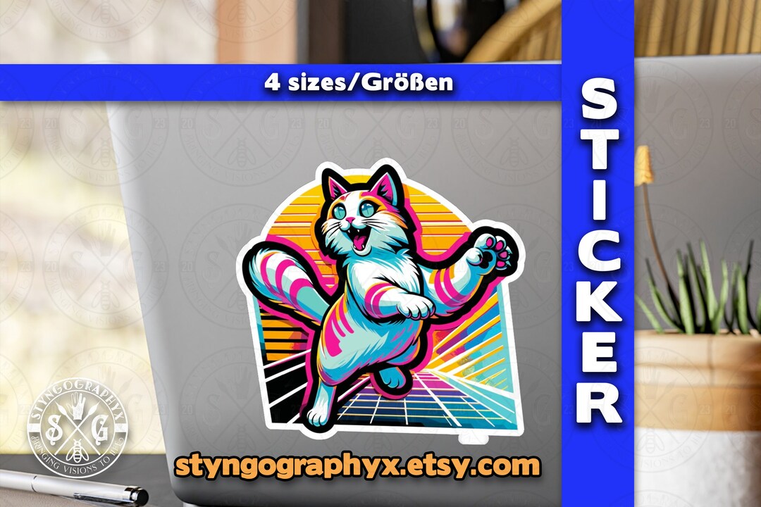 Happy Cat Stickers 1980s Synthwave Vinyl Decal, Retro Kitty Art, Cute ...