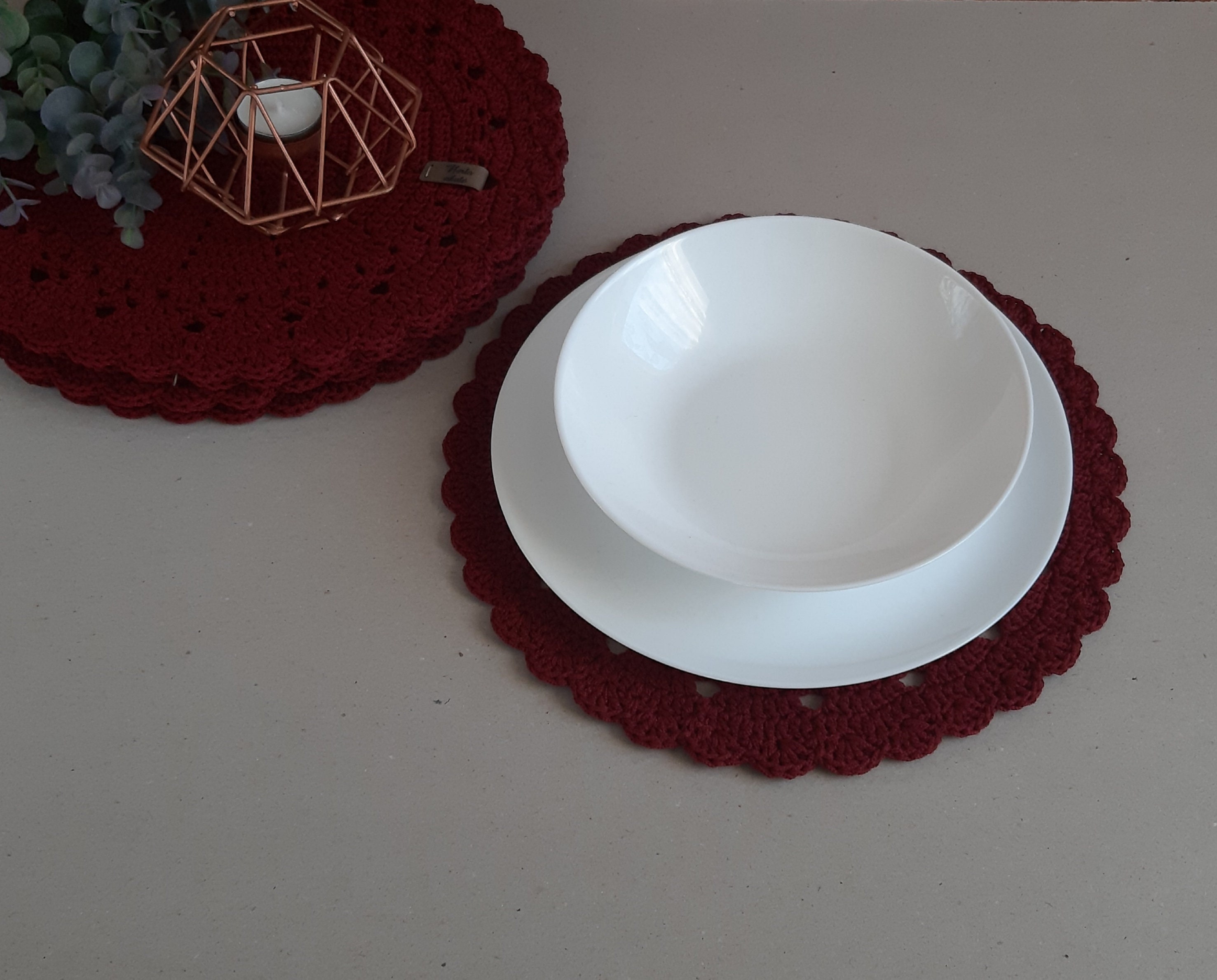 Handmade Table Mat, Crochet Round Placemat, Set of 6, Burgundy Color - Etsy