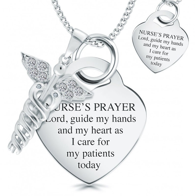 Personalised Nurses Prayer Necklace With Caduceus Charm, Sterling Silver, Nurse Graduation ...